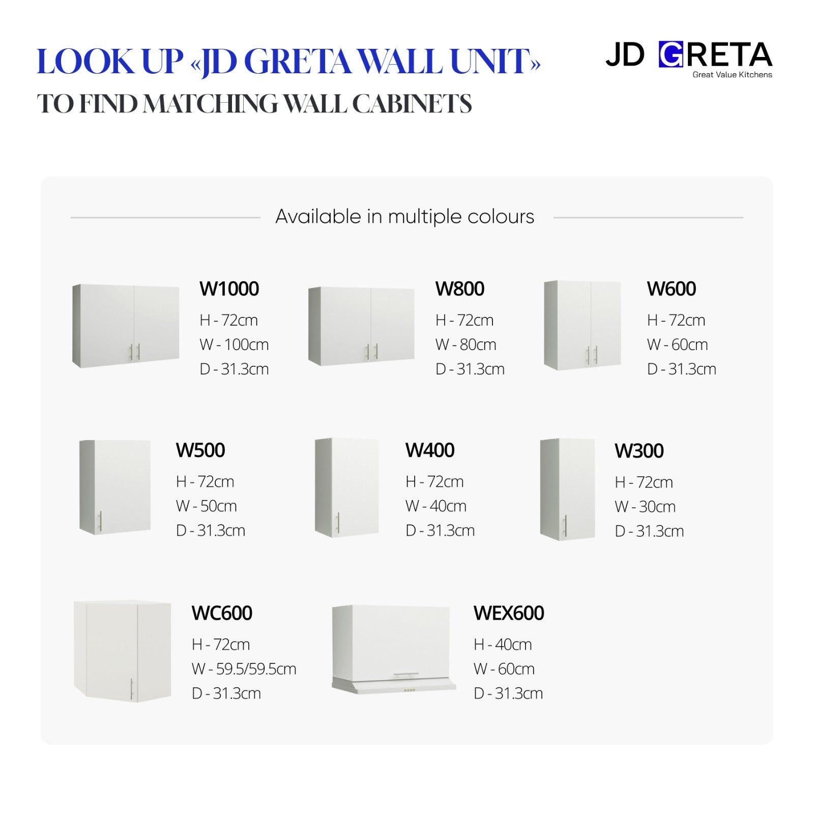 JD Greta Kitchen Wall Unit 1000mm Kitchen Cabinet - Cashmere Matt